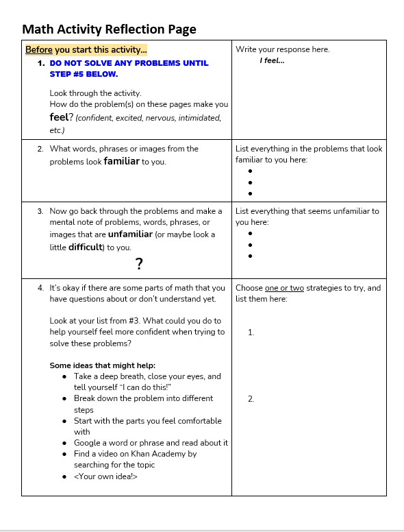 Tutor Tip: Math Activity Reflection Sheet | Literacy Minnesota